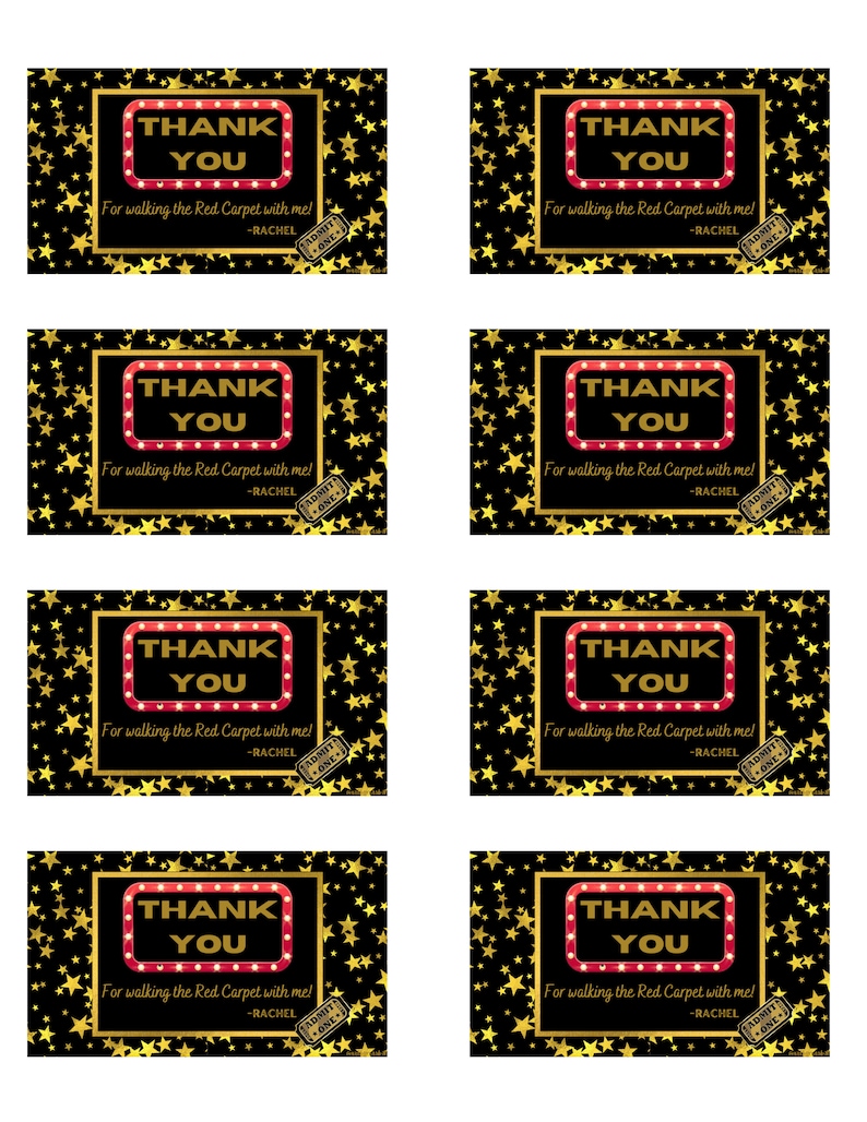 EDITABLE Hollywood Star Movie Night Red Carpet Theme Thank You Tag ...
