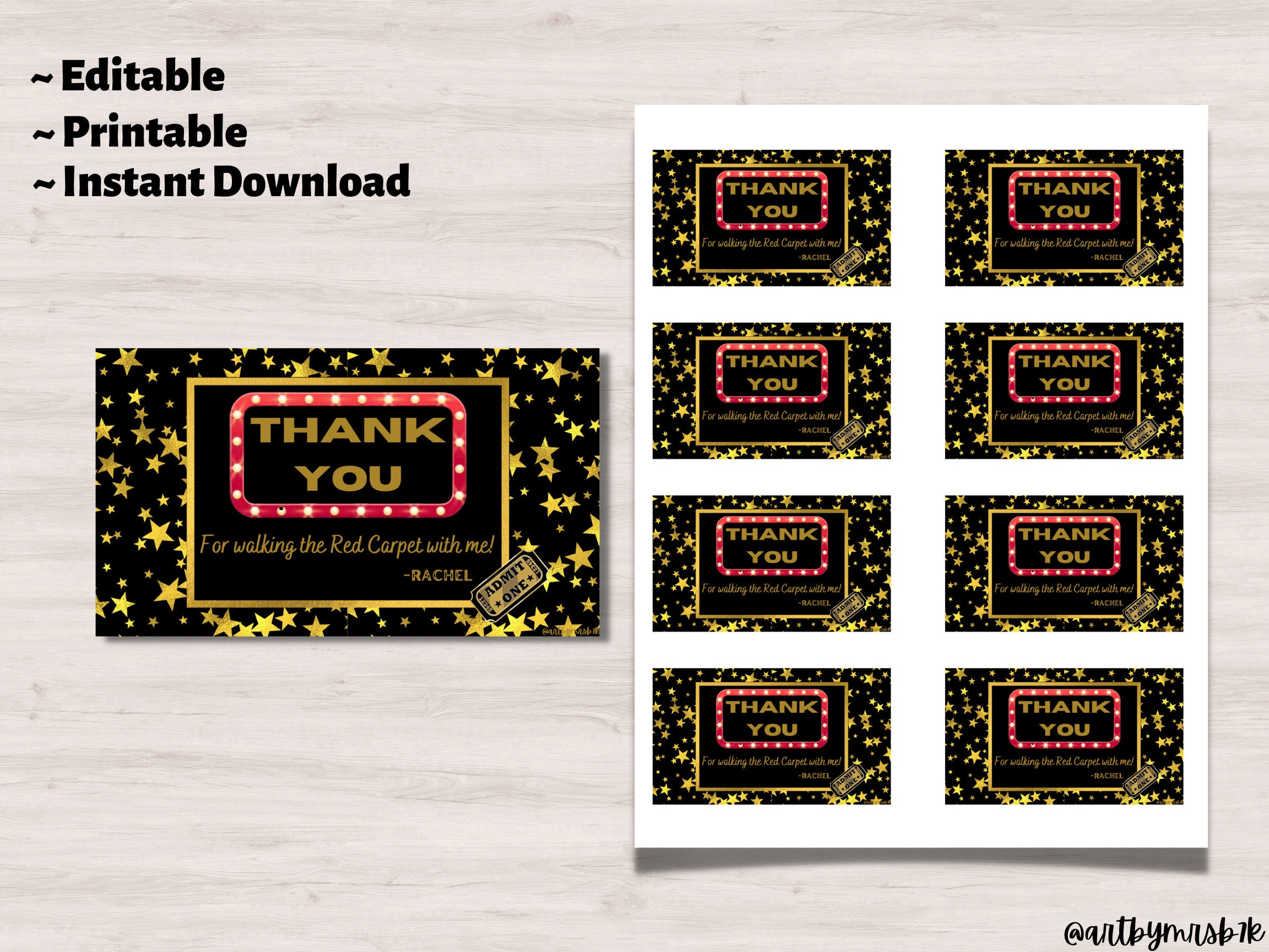 EDITABLE Hollywood Star Movie Night Red Carpet Theme Thank You Tag ...