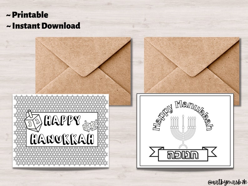 Hanukkah Coloring Holiday Cards, Printable Chanukah Greeting Cards ...
