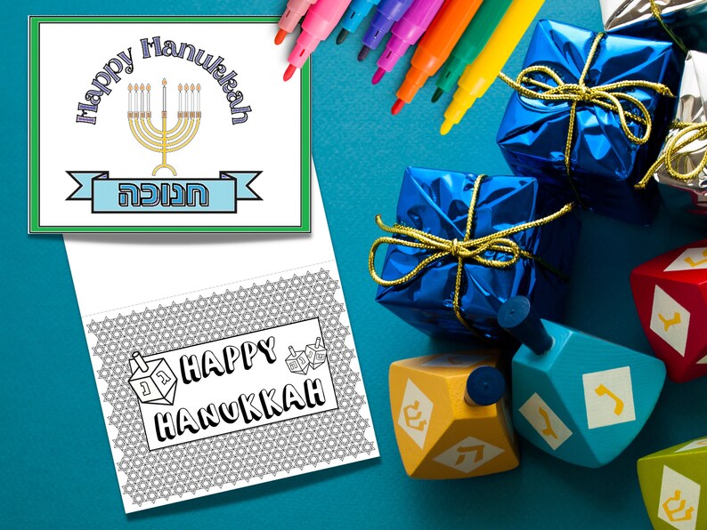 Hanukkah Coloring Holiday Cards Printable Chanukah Greeting - Etsy