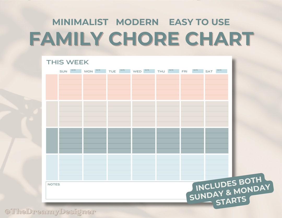 Family Chore Chart, Family Planner, Week at a Glance, Printable Weekly ...