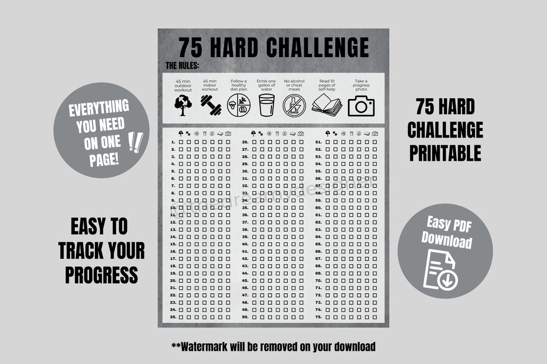75 Hard Challenge Printable PDF, 75 Hard Tracker, 75 Hard Checklist, 75 ...