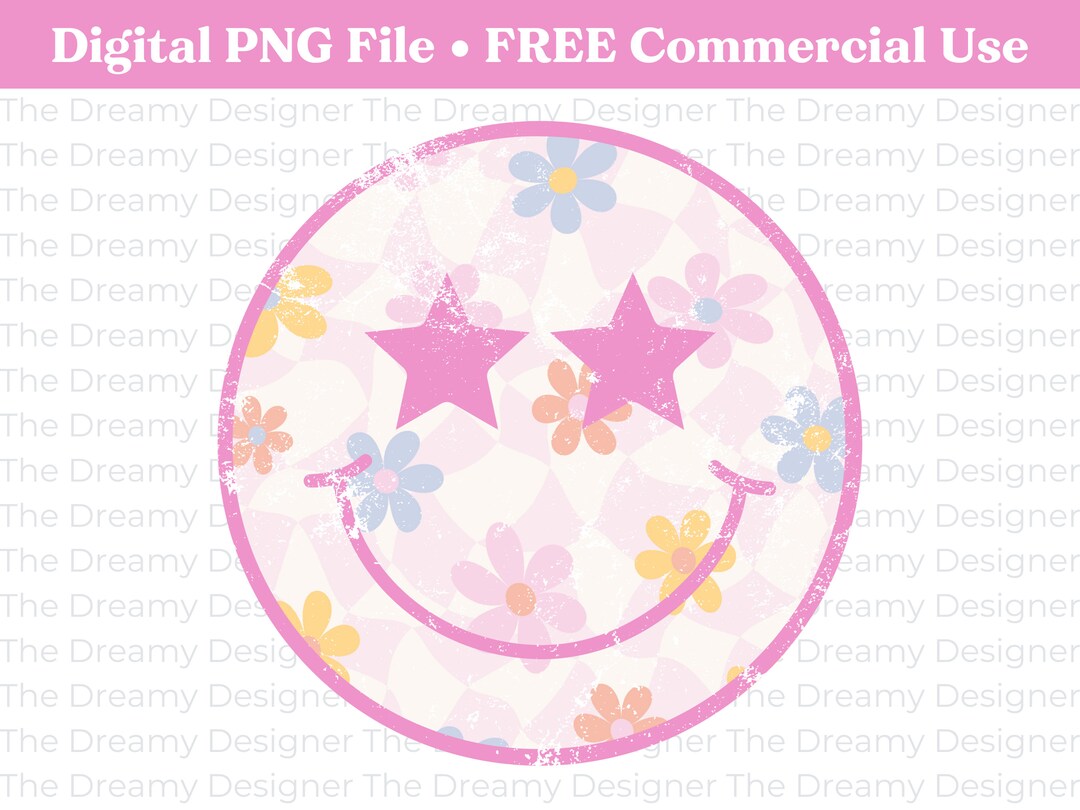 Distressed Pink Retro Daisy Happy Face PNG, Preppy PNG, Star Eyes Happy ...