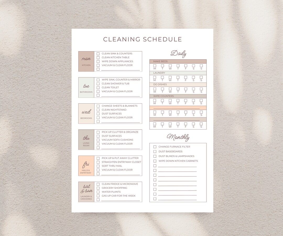 Printable Cleaning Schedule, PDF and Canva Template, Daily Weekly ...
