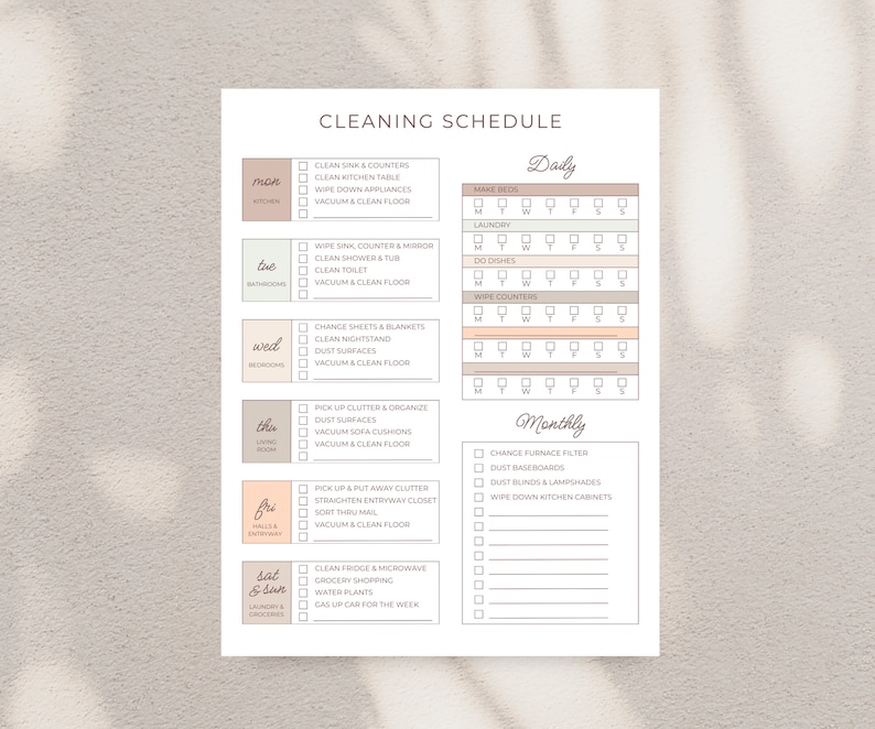 Printable Cleaning Schedule, PDF and Canva Template, Daily Weekly ...