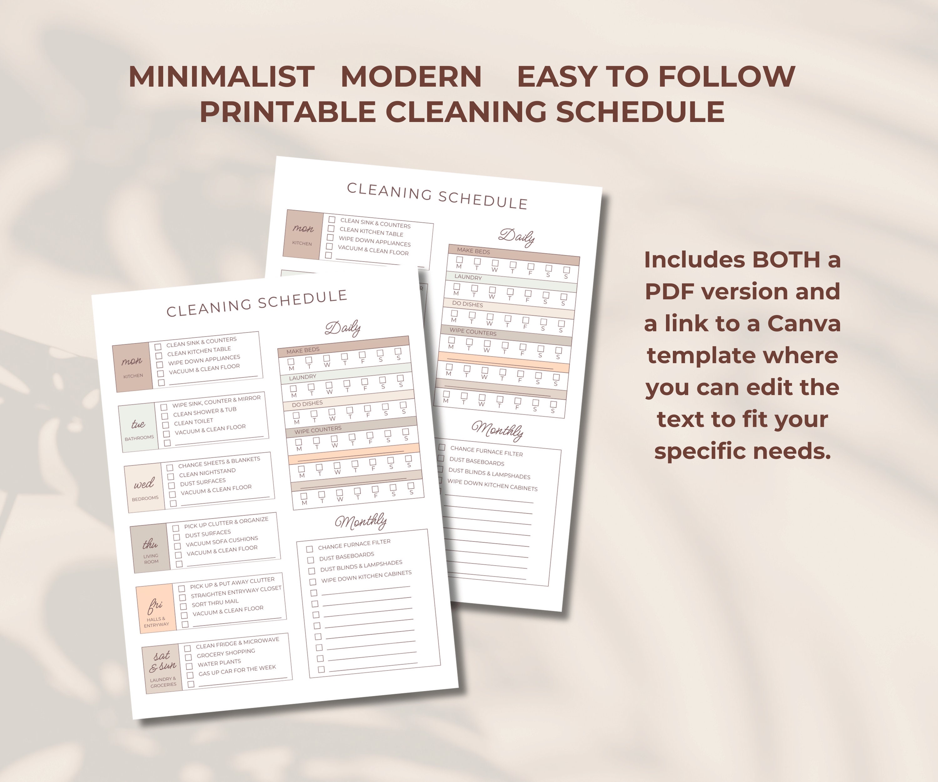 Printable Cleaning Schedule, PDF and Canva Template, Daily Weekly ...