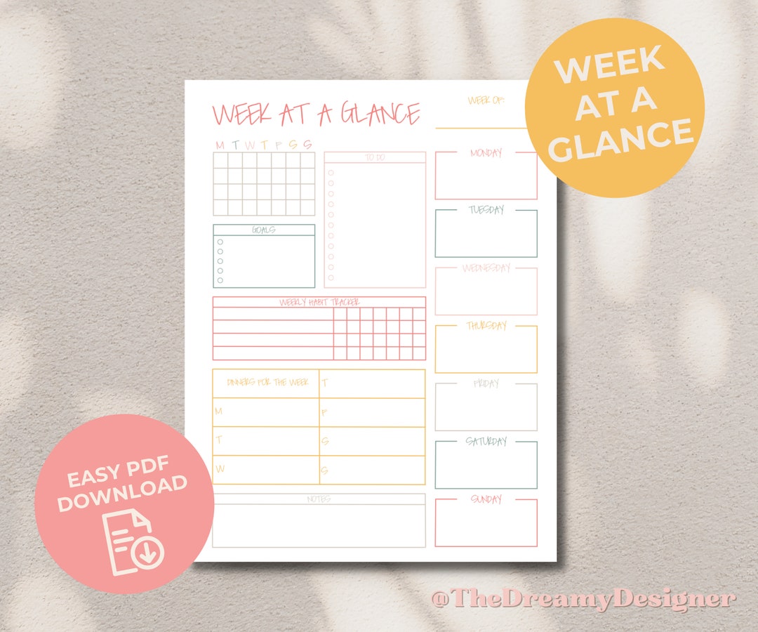 Week at a Glance, Printable PDF Planner, Weekly Planner, Weekly ...