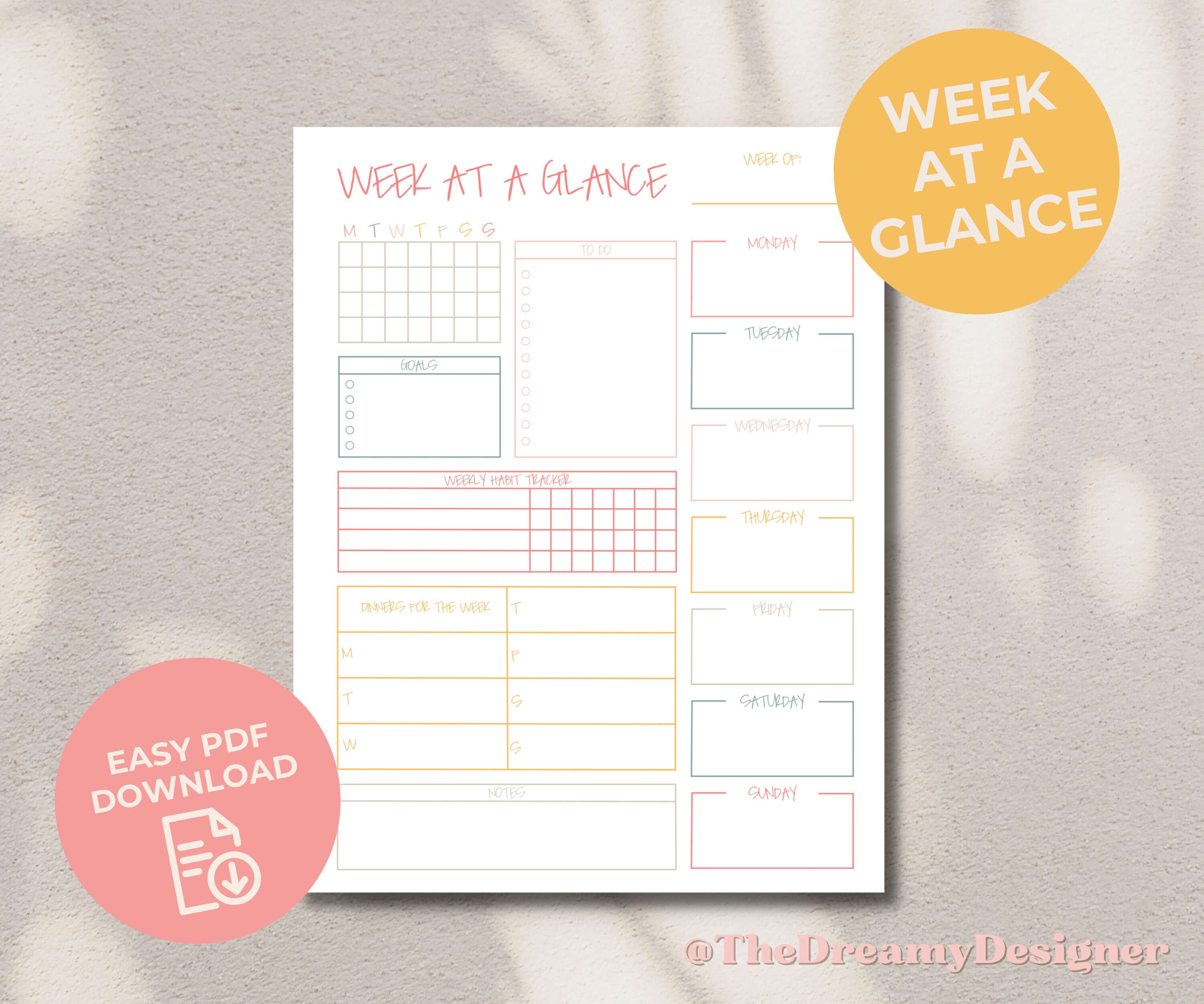 Week at a Glance, Printable PDF Planner, Weekly Planner, Weekly ...