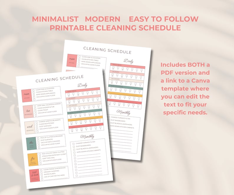 Printable Cleaning Schedule, PDF and Canva Template, Daily Weekly ...