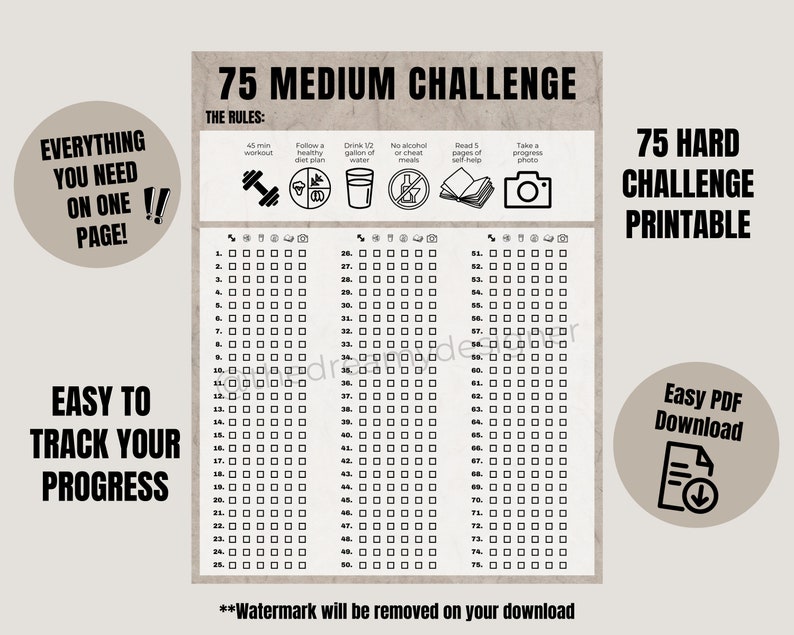 75 Medium Challenge Printable PDF, 75 Medium Tracker, 75 Medium ...