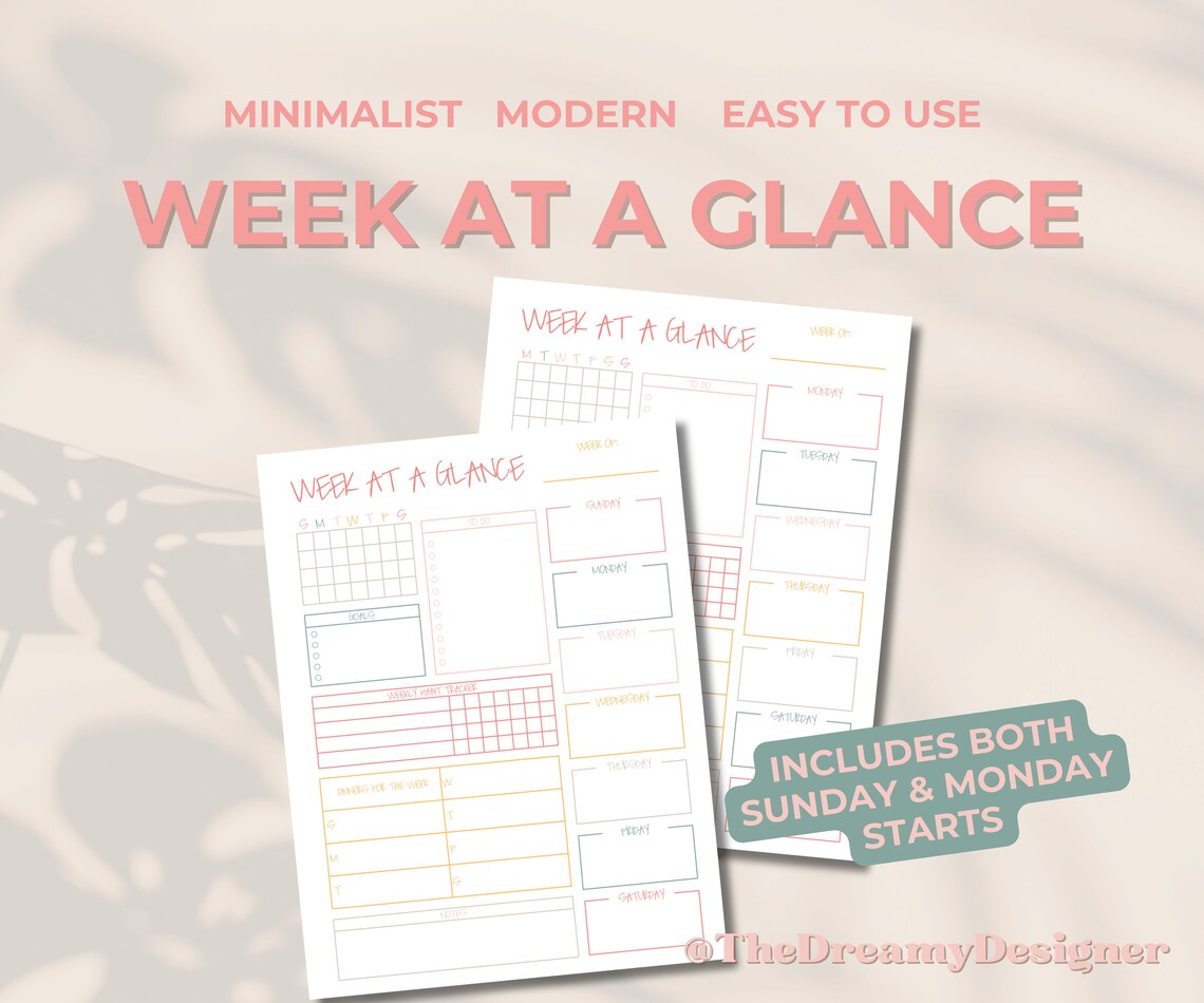 Week at a Glance, Printable PDF Planner, Weekly Planner, Weekly ...