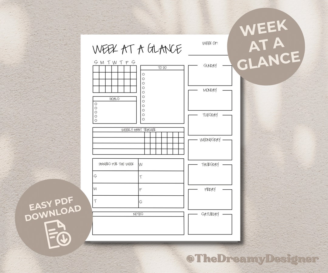Week at a Glance, Printable PDF Planner, Weekly Planner, Weekly ...