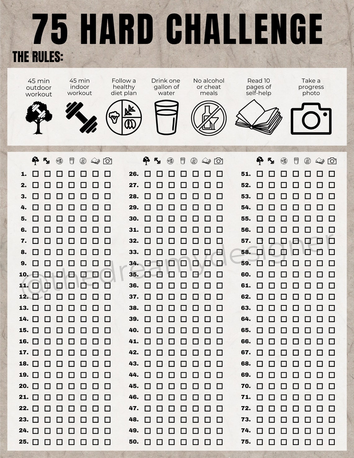 75 Hard Challenge Printable PDF, 75 Hard Tracker, 75 Hard Checklist, 75 ...