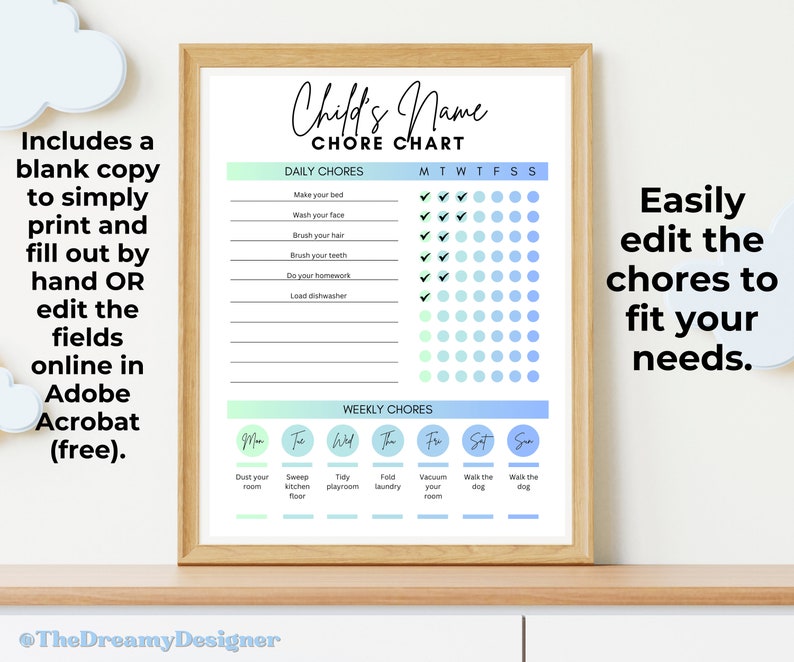 Editable Kid's Chore Chart, Printable Chore Chart for Children, Kid's ...
