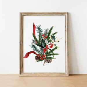 Christmas Holly Print, Holly Berry Leaves Print, Christmas Bouquet ...
