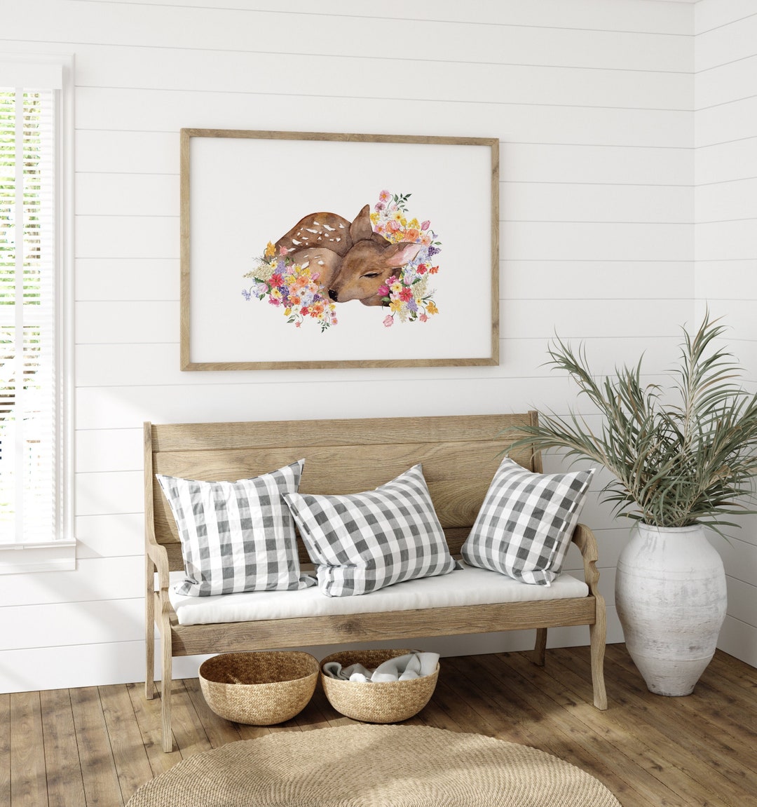 Watercolor Fawn Print, Spring Floral Art, Nursery Wall Art, Fawn With ...
