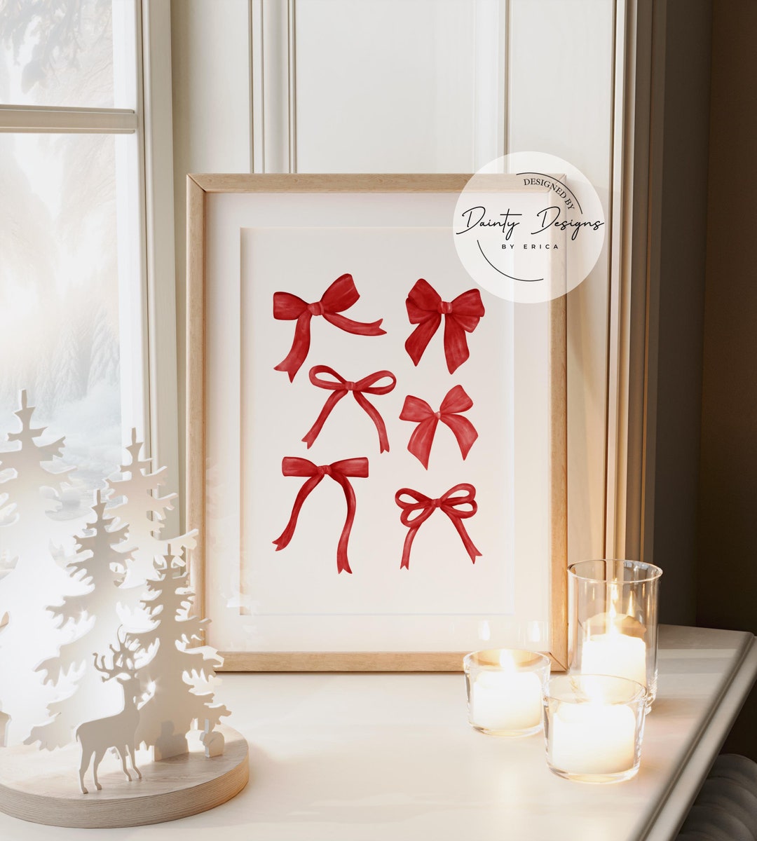 Red Bows Christmas Print, Christmas Coquette Bow Print, Christmas ...