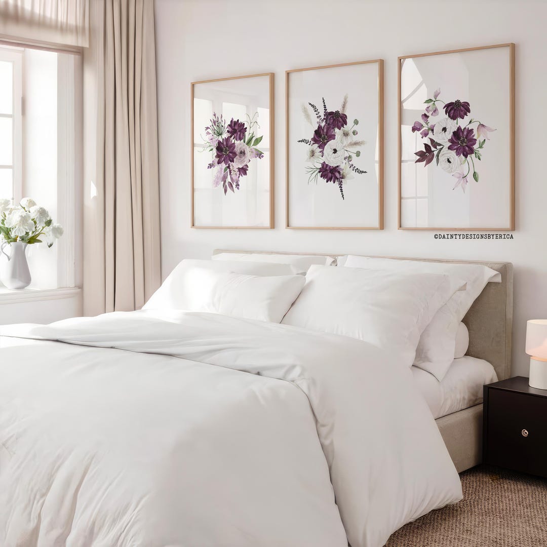 Purple Floral Watercolor Prints Set: Bedroom Wall Art (digital Download ...