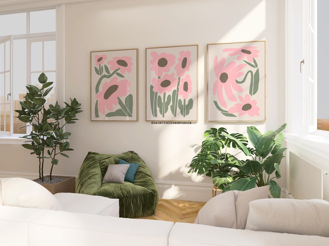 Abstract Pink Green Flowers Set of 3, Matisse Style Flowers Gallery ...
