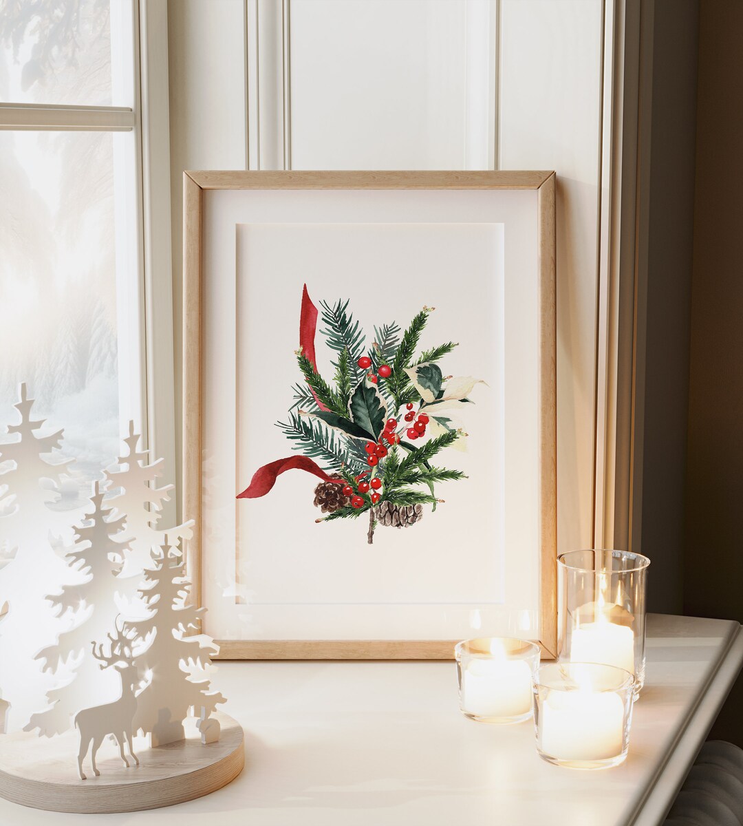 Christmas Holly Print, Holly Berry Leaves Print, Christmas Bouquet ...