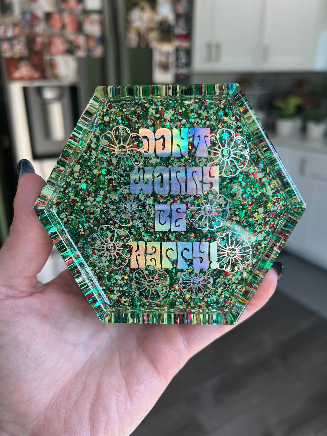 Hexagon Resin Holographic Coaster - Coffee Table Coaster - Jewelry Dish ...