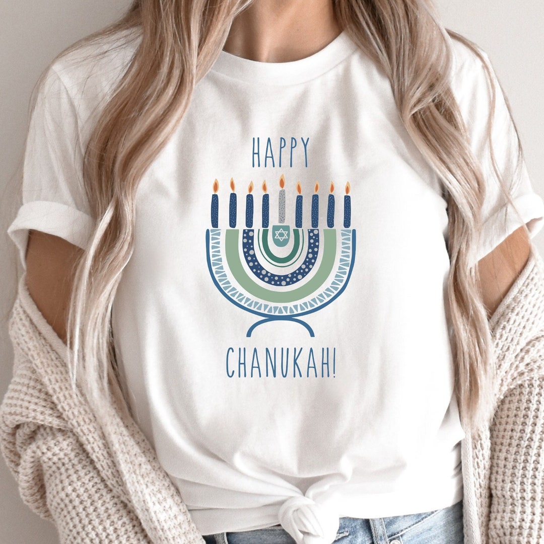 Unisex Happy Janucá con Menorá en azul, verde y siiver Camisa judía ...