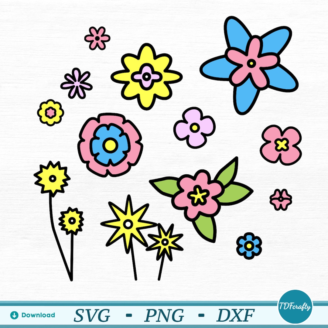 Cartoon Flowers Pack Color Cut File Svg, Png, Pdf, Dxf, Eps for Cutting ...