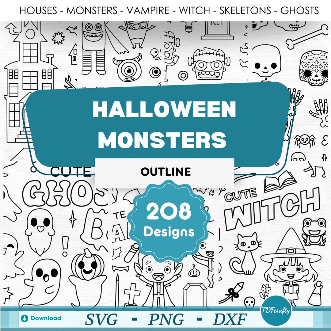 Cartoon Halloween Monsters Outline Bundle, Vampire, Witch, Frankenstein ...