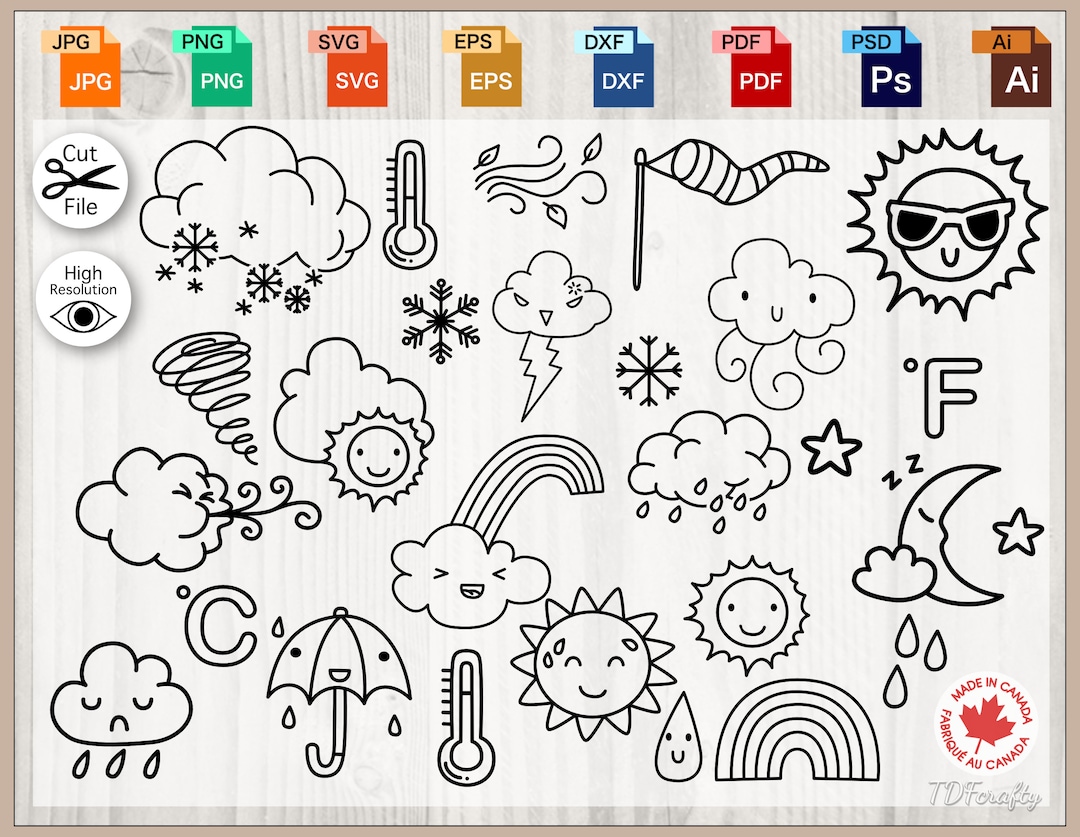 Weather Outline Icons SVG Bundle, Cloud Line Art, Sunny Digital ...