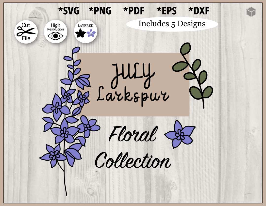 July Larkspur Flower Illustration Set Svg, Png, Pdf, Dxf, Eps - Etsy