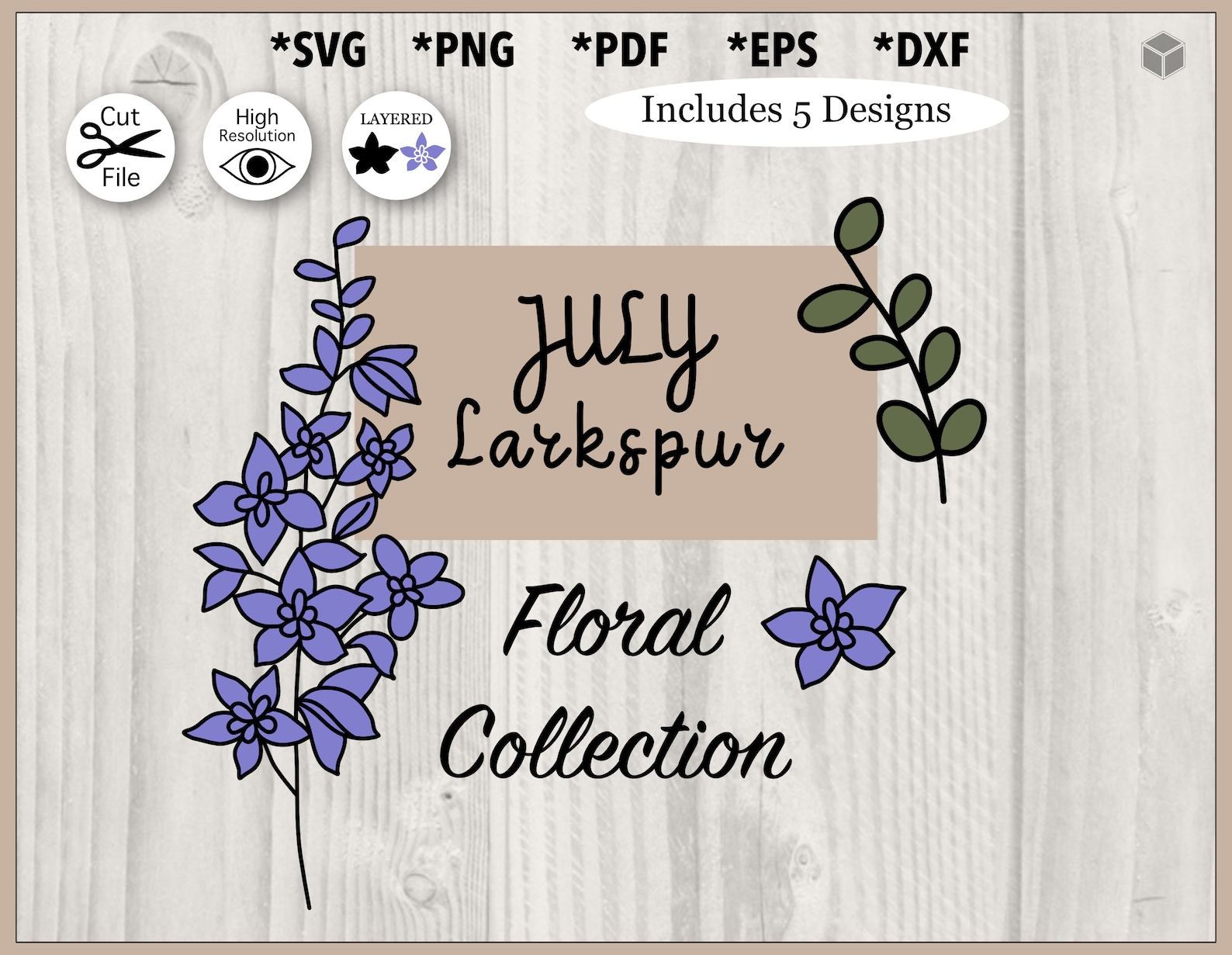 July Larkspur Flower Illustration Set Svg, Png, Pdf, Dxf, Eps - Etsy