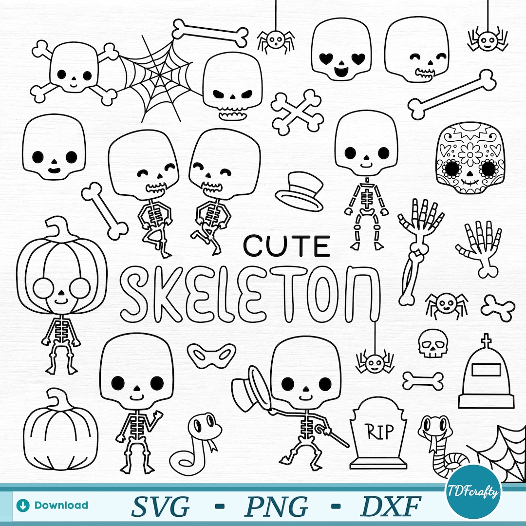 Cute Cartoon Skeleton Outline Svg, Halloween Png, Printable Kids ...
