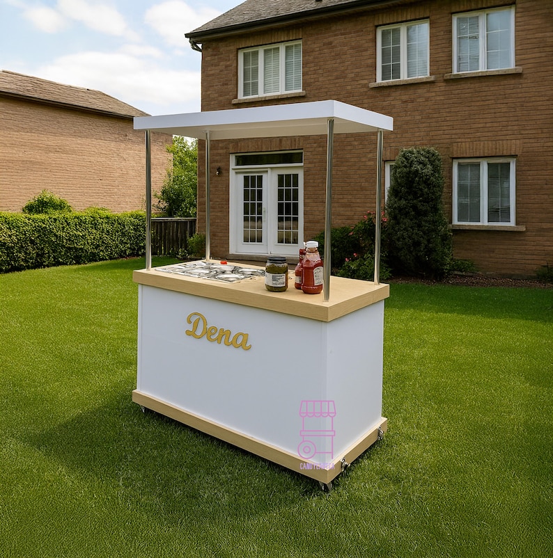 White Collapsible Mobile Bar: PVC & Wood Food Cart With Locking Wheels ...