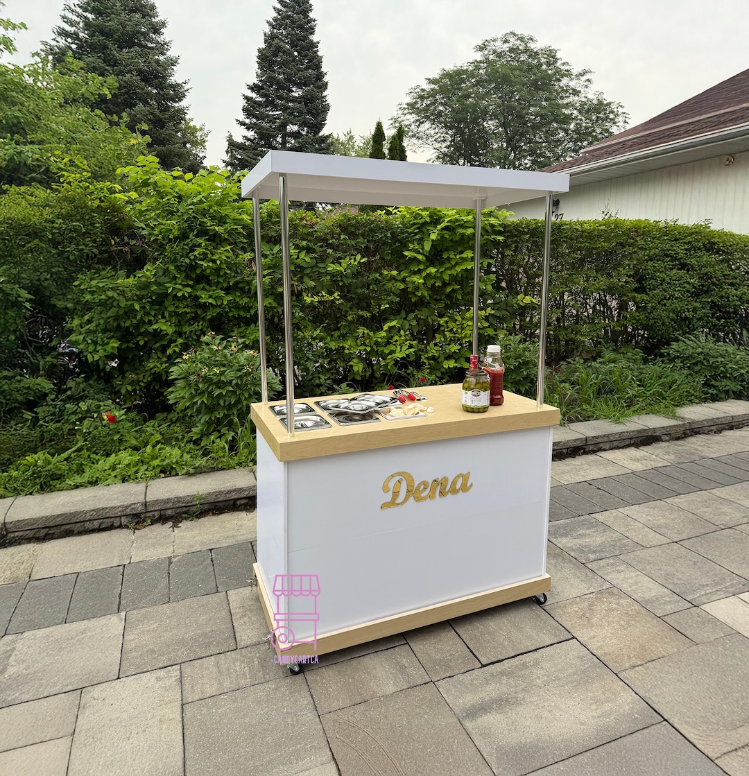 White Collapsible Mobile Bar: PVC & Wood Food Cart With Locking Wheels ...