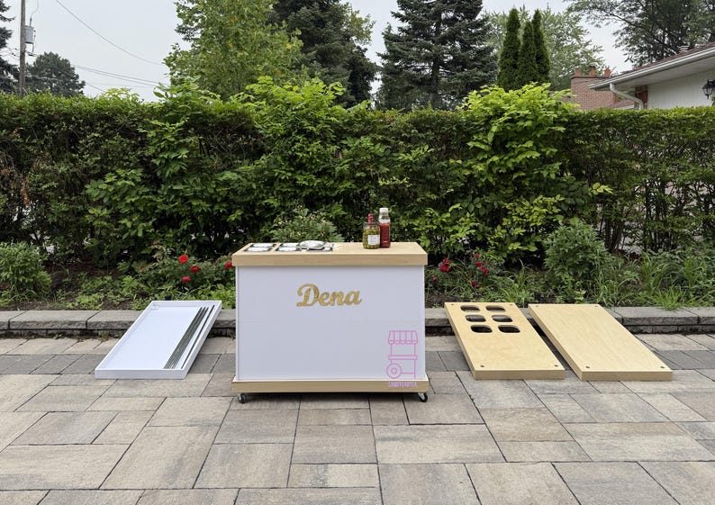 White Collapsible Mobile Bar: PVC & Wood Food Cart With Locking Wheels ...