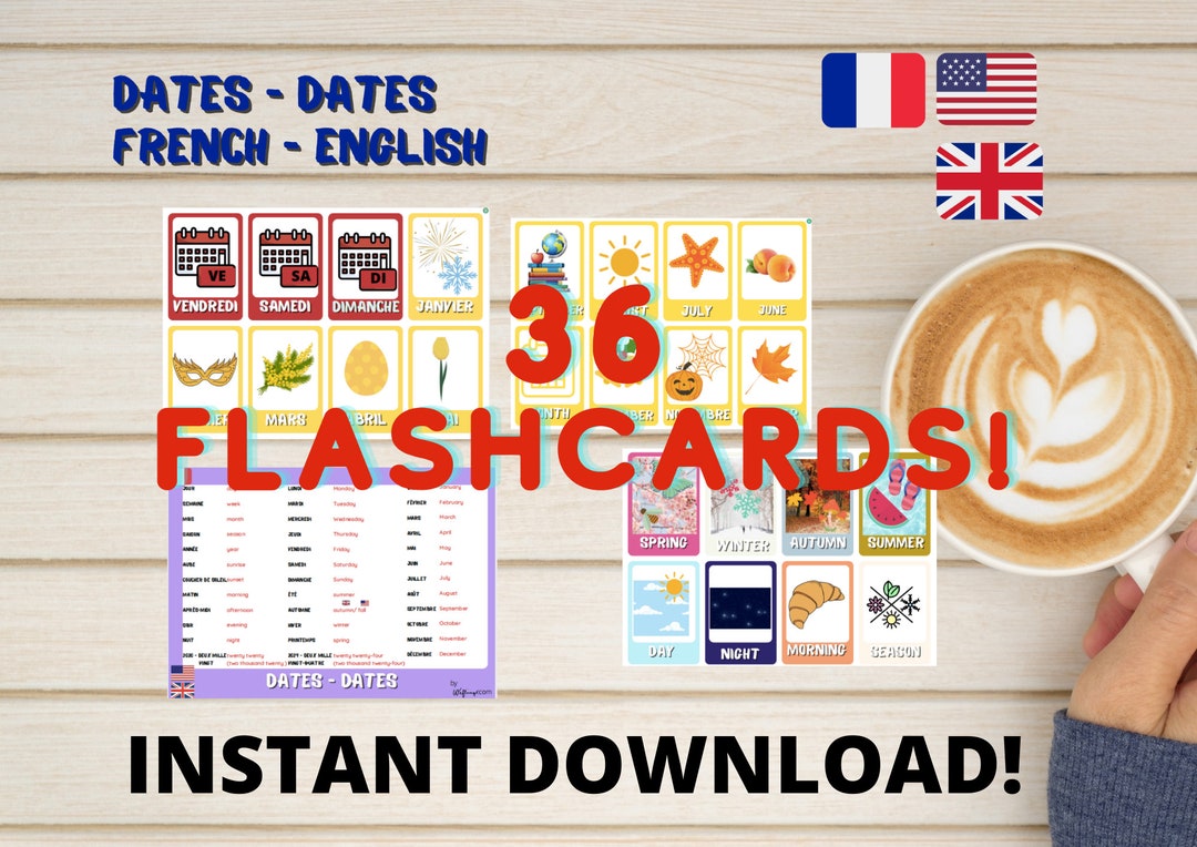 French - English DATES Flashcards | 36 Cards (days of the Week, Months ...