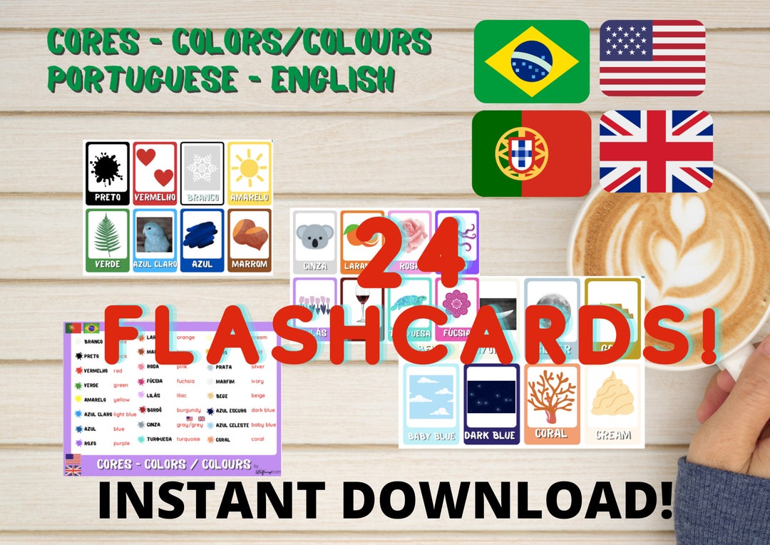 Portuguese - English COLORS Flashcards | 24 Cards - Etsy
