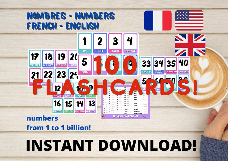 French - English NUMBERS Flashcards | Numbers 1 - 1 Billion | 51 Cards ...