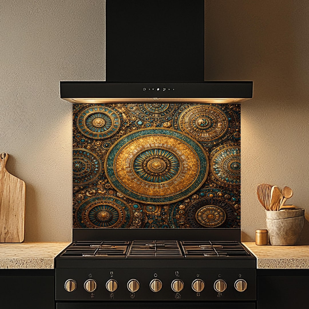 Medallions Tempered Glass Kitchen Backsplash: Turquoise & Gold Mosaic ...