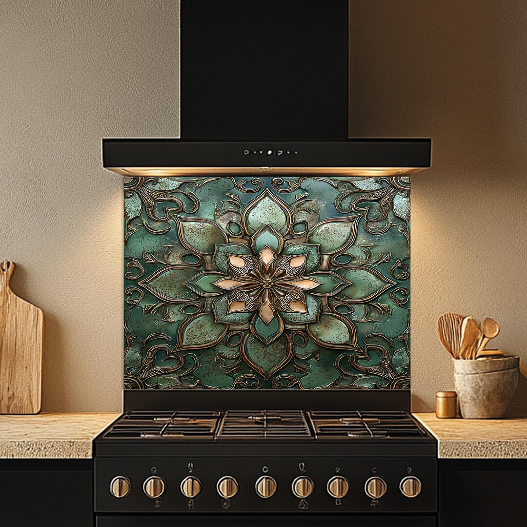 Emerald Copper Floral Tempered Glass Backsplash: Luxury Kitchen Panel ...