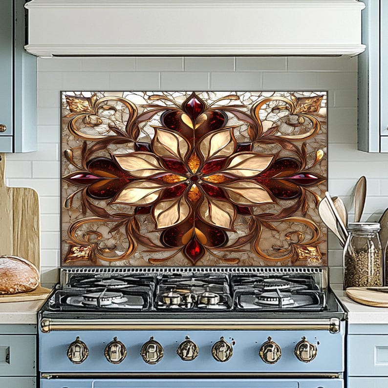 Royal Copper Floral Tempered Glass Kitchen Backsplash - Etsy
