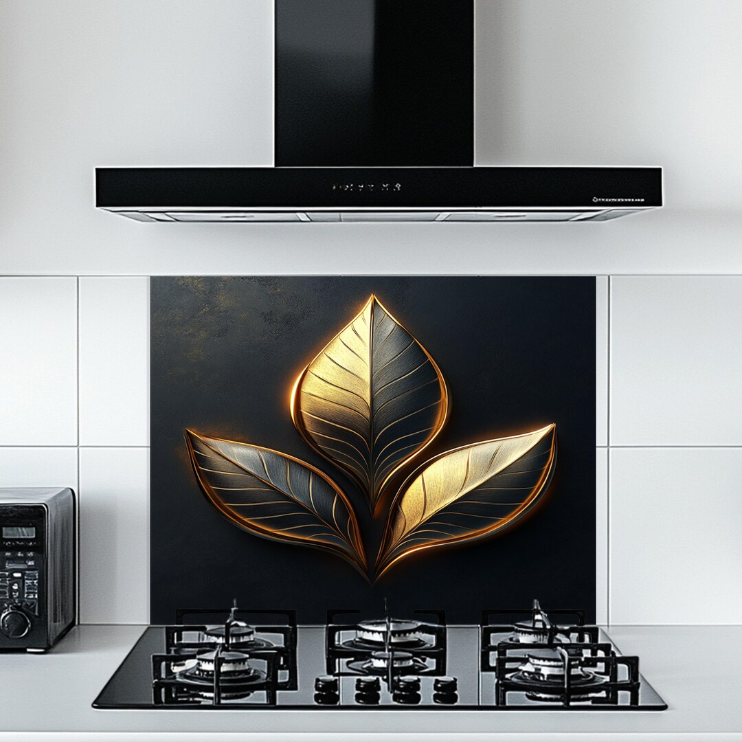 Tempered Glass Backsplash, Golden Leaf Glass Backsplash, Kitchen ...