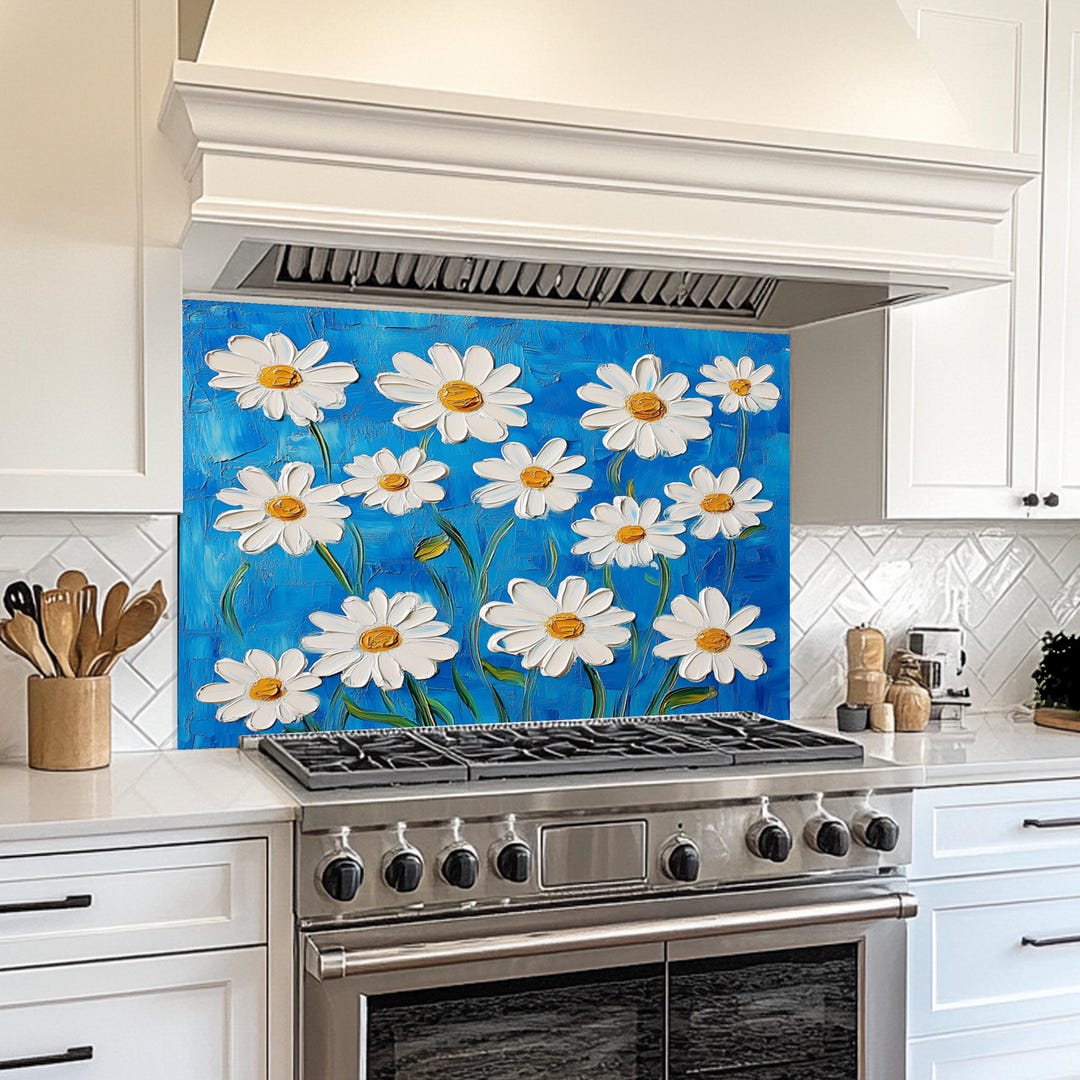 Tempered Glass Backsplash, Daisy Blossom Glass Backsplash, Kitchen ...