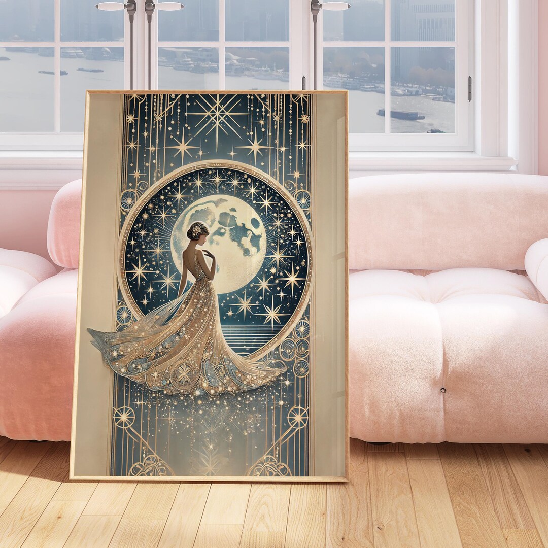 Art Deco Print, Girl Moon and Stars Wall Art,moon Poster Blue and ...
