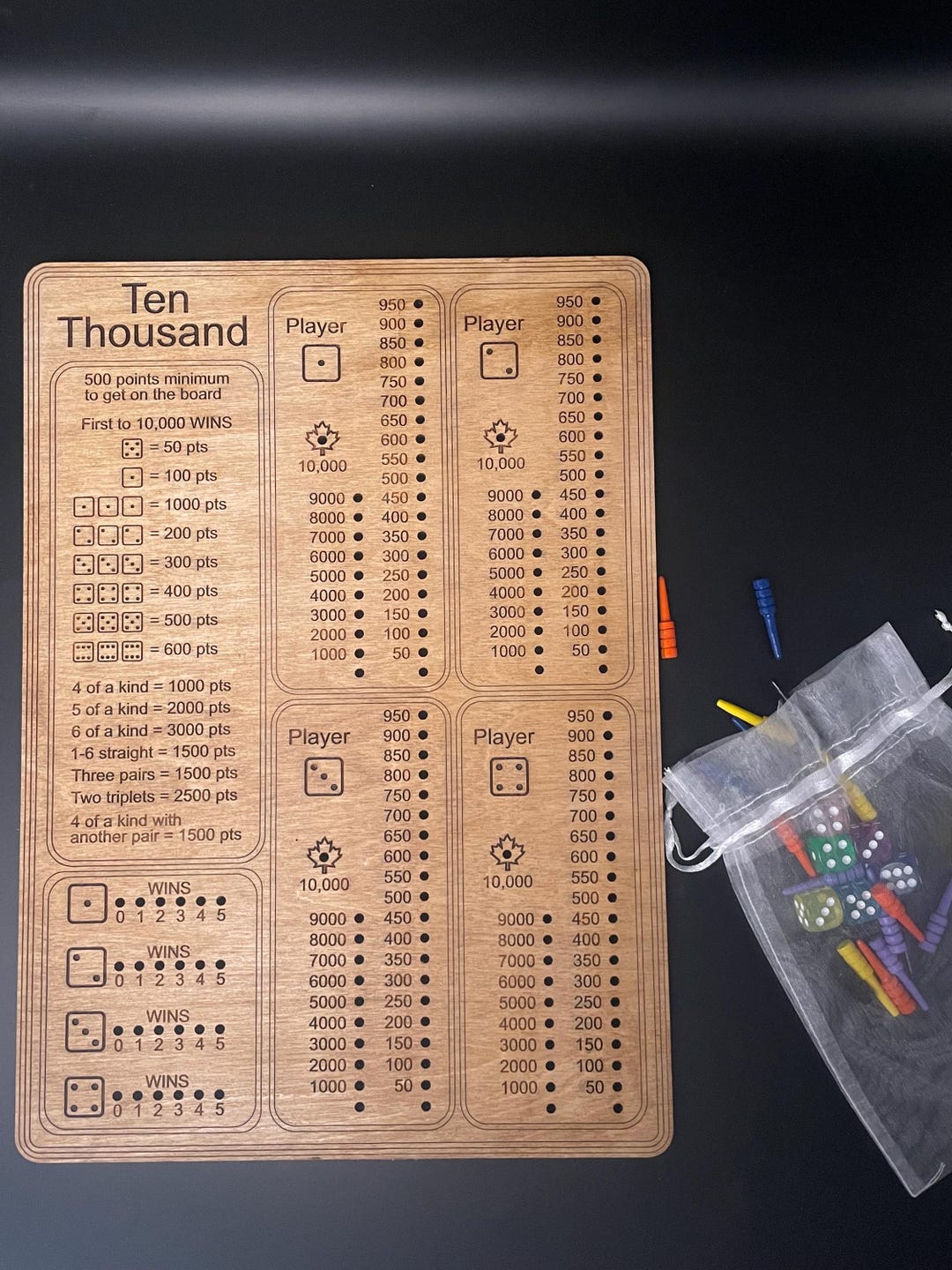 Ten Thousand Game Board Baltic Birch Wood With Dice Pegs Storage Bag ...