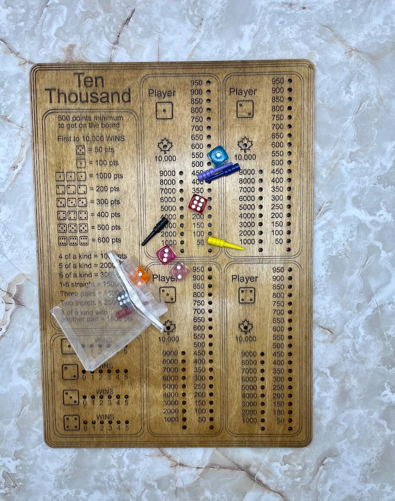 Ten Thousand Game Board Baltic Birch Wood With Dice Pegs Storage Bag ...
