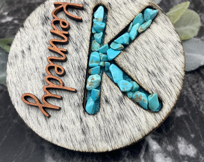 Personalized Name Ornaments on Real Cowhide With Turquoise Initial ...