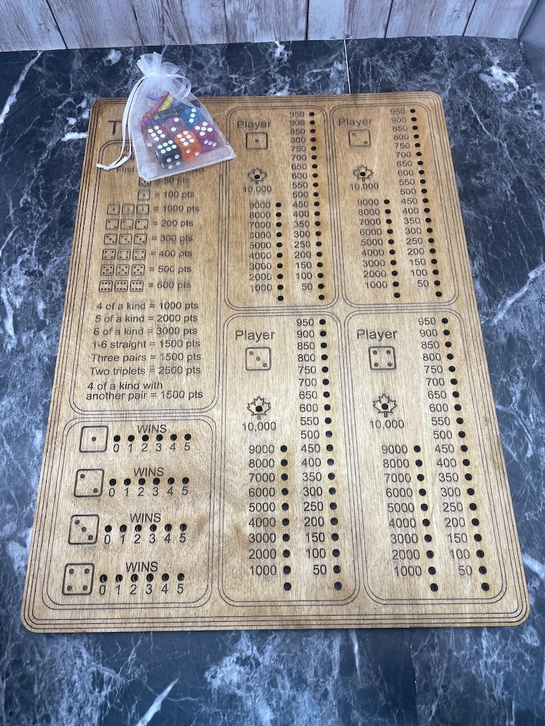 Ten Thousand Game Board Baltic Birch Wood With Dice Pegs Storage Bag ...
