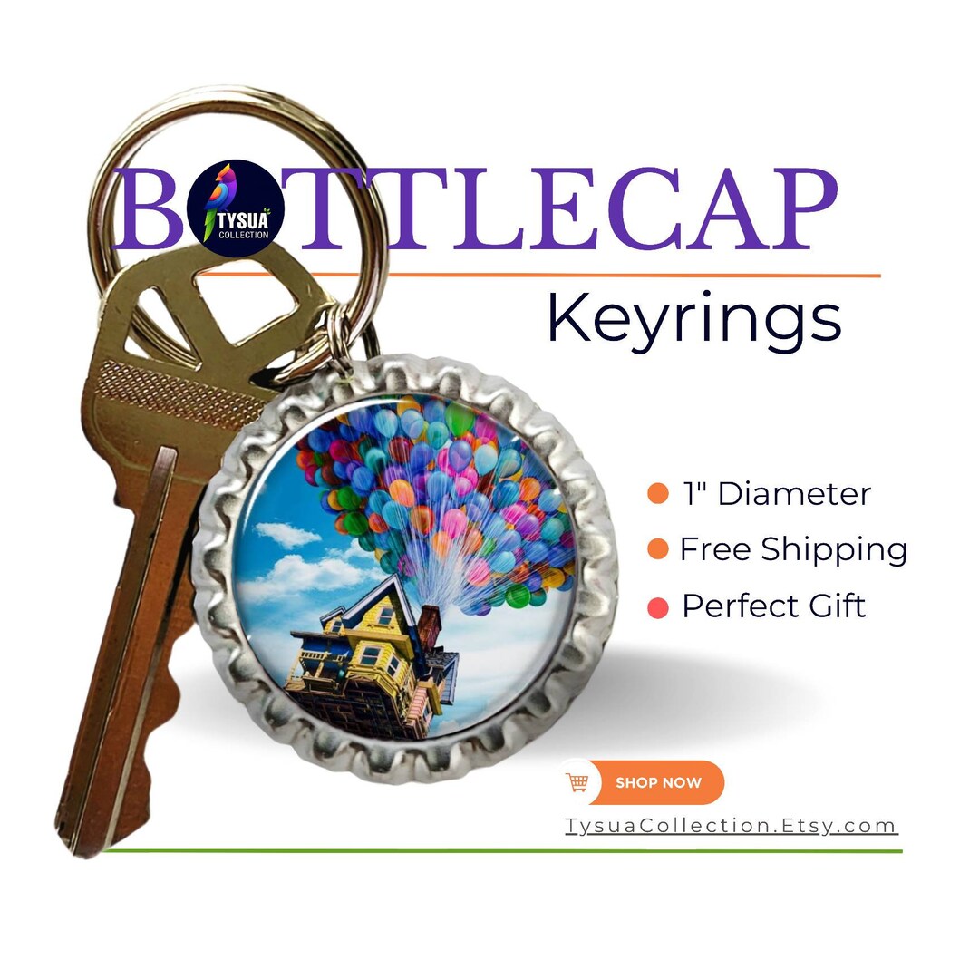 Disney up Movie Bottlecap Keychain Balloon Flying House Keyring, Bag ...
