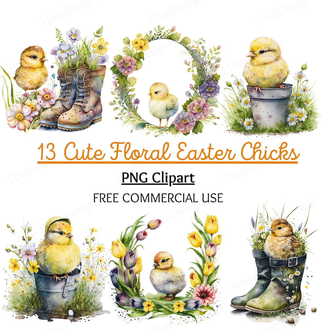 Floral Easter Chick Clipart Bundle, Easter PNG, Watercolor Clipart ...
